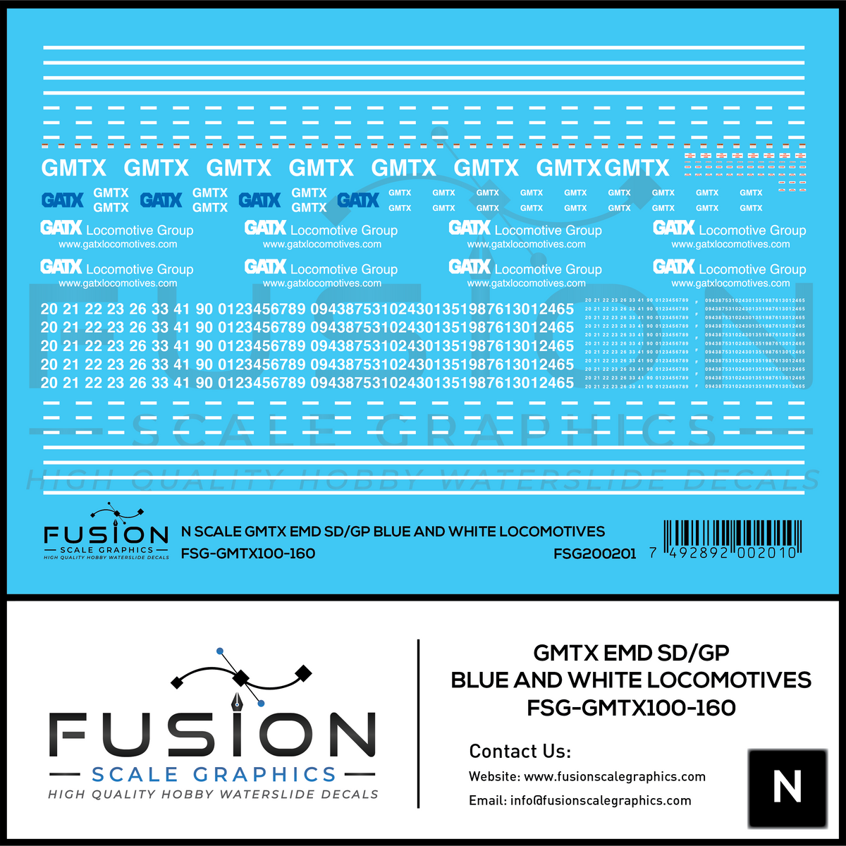 N Scale GMTX EMD SD/GP Blue and White Locomotives Decal Set – Fusion Scale Graphics