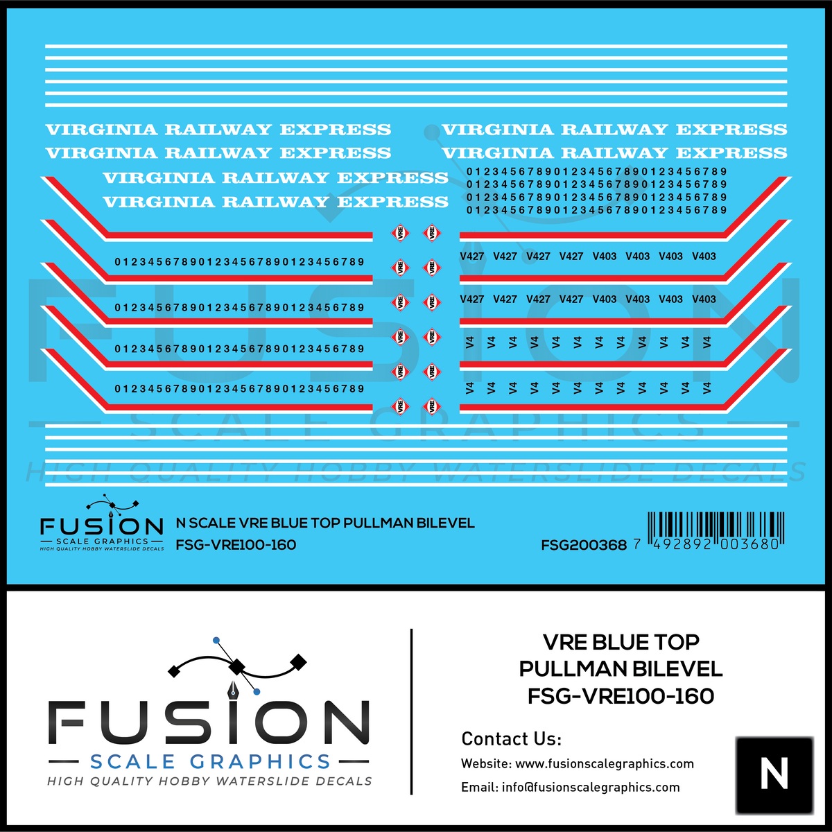 N Scale VRE Virginia Railway Express Blue Top Pullman Bilevels Decal S – Fusion Scale Graphics