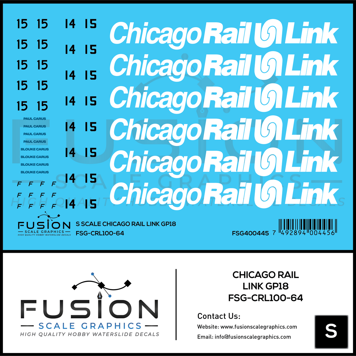 S Scale Chicago Rail Link EMD GP18 14 & 15 Locomotive Decal Set ...