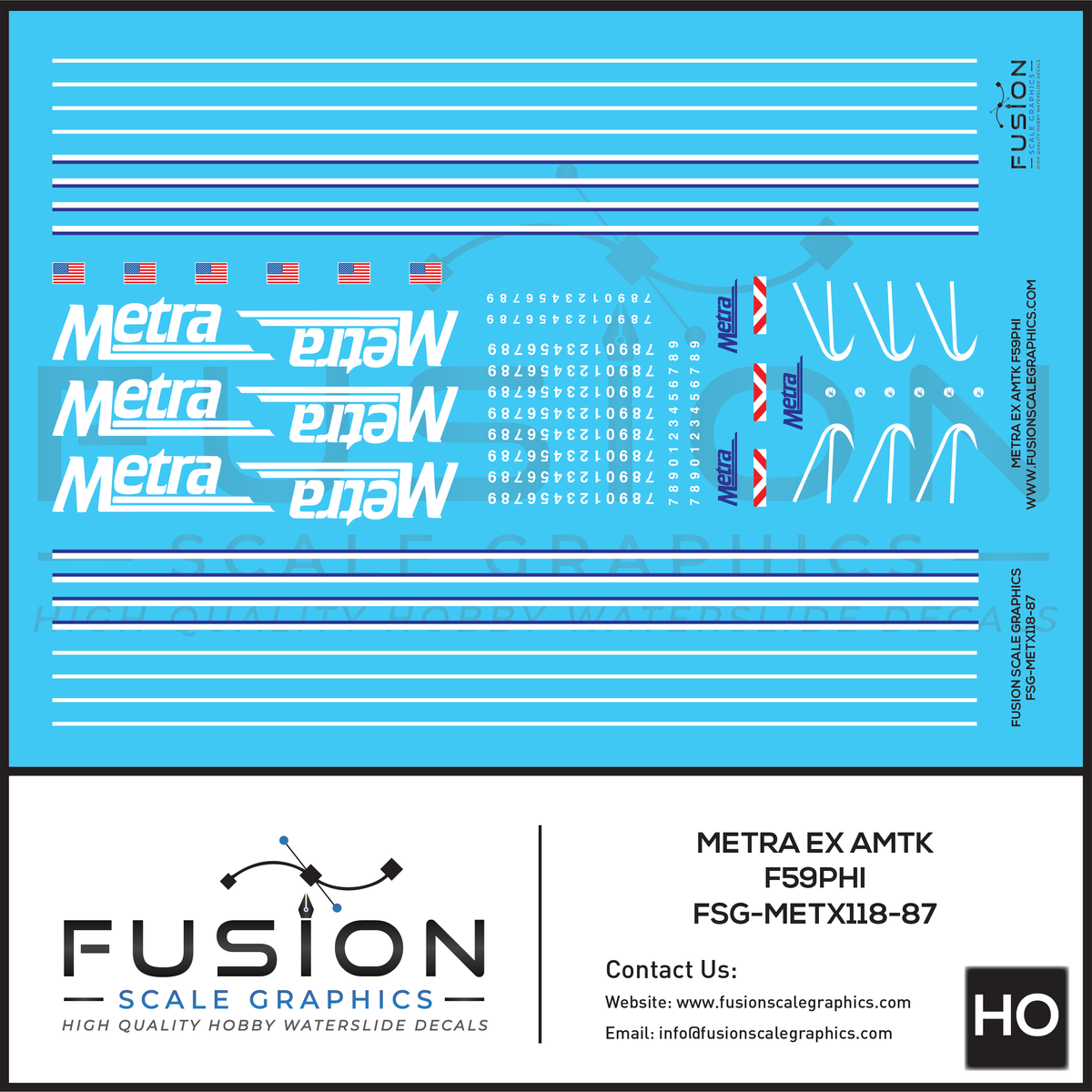 HO Scale Metra EX Amtk EMD F59PHI Decal Set – Fusion Scale Graphics