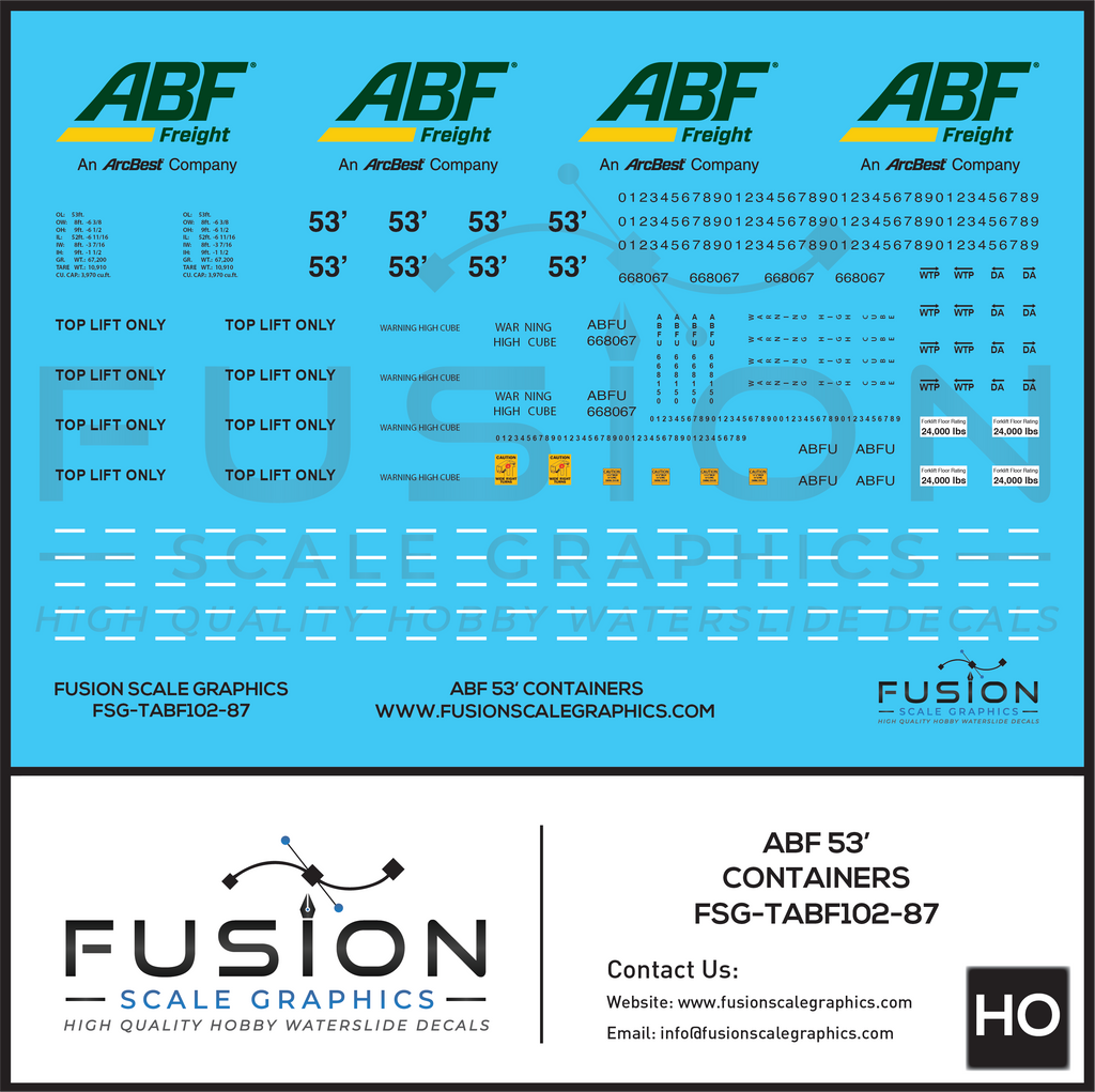 HO Scale ABF Freight Modern 53' Containers Decal Set – Fusion Scale ...
